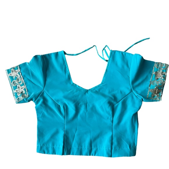 Tops | Tiffany Blue With Golden Embroidered Short Sleeve Adjustable Top ...